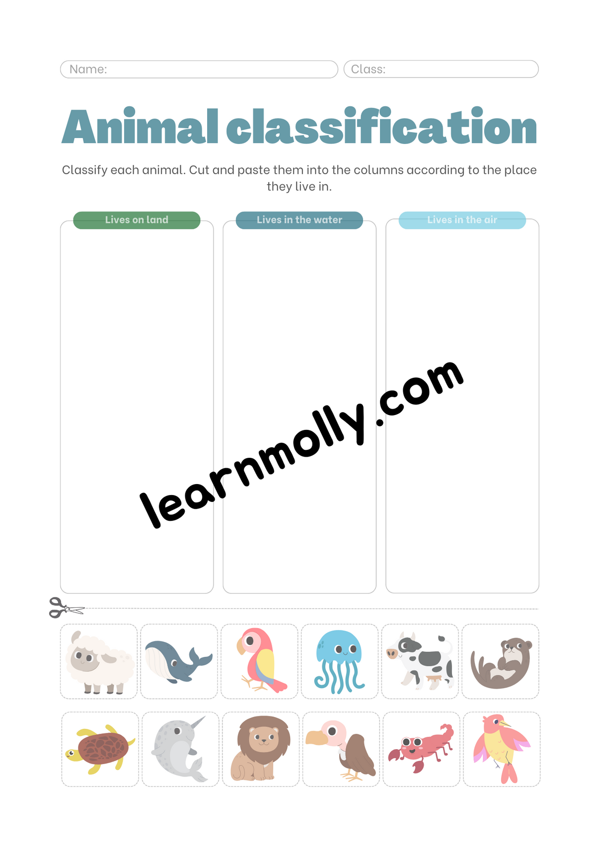 Land/ Water/ Air Animals worksheet – Ask Molly
