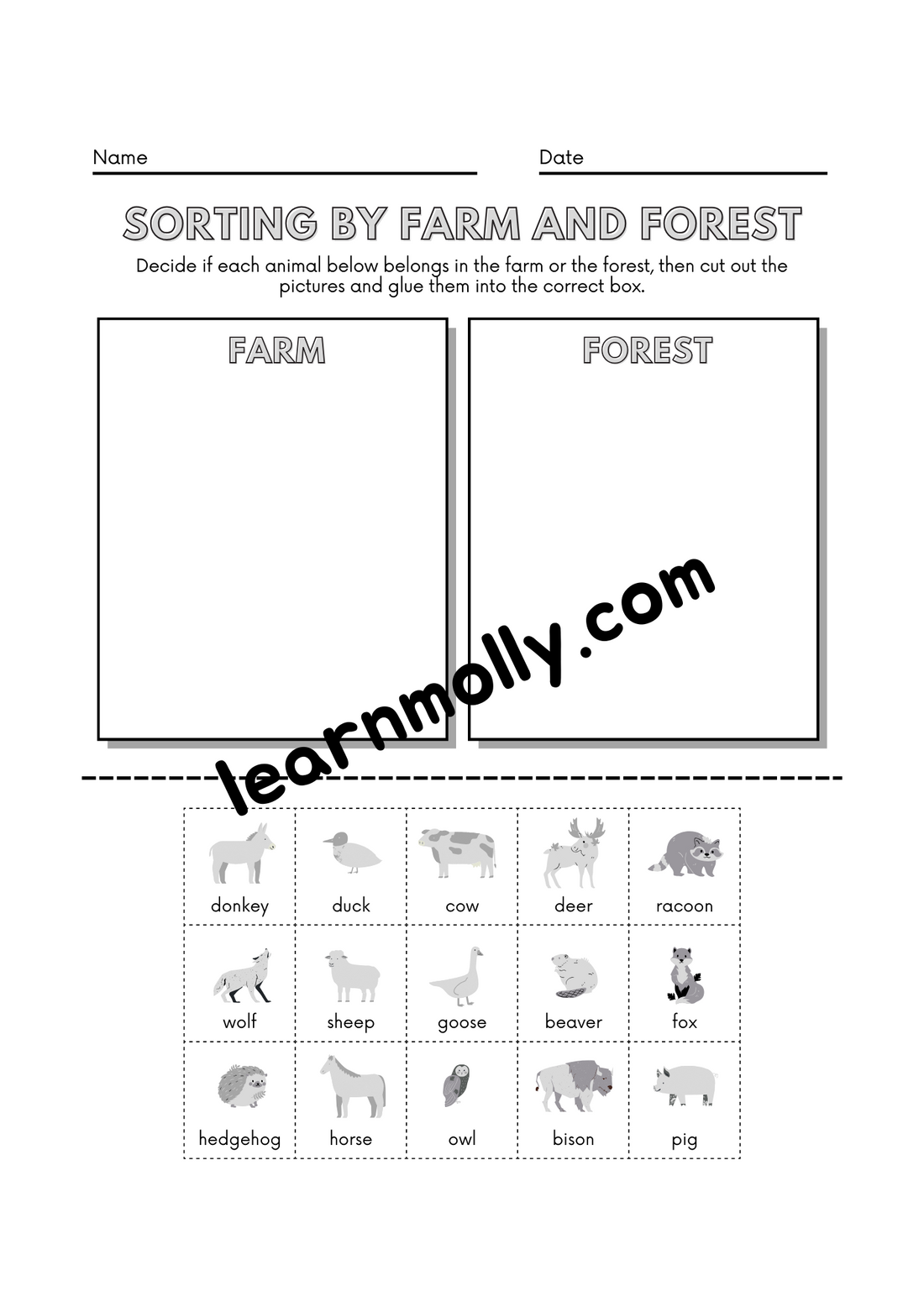 Sort Farm & Wild Animal Worksheet – Ask Molly